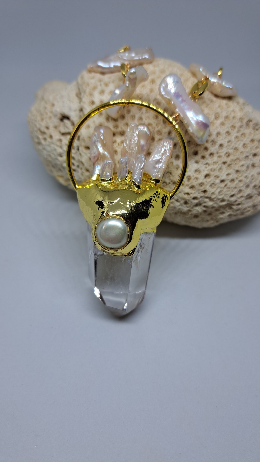 Natural Quartz Capped With Biwa Pearls With 18 Inch Gold Plated ...
