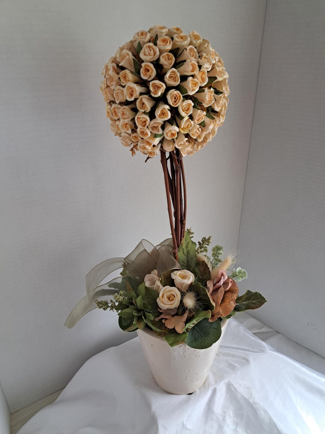 English Garden Topiary Tree With Hand Rolled Parchment Roses in Cream ...