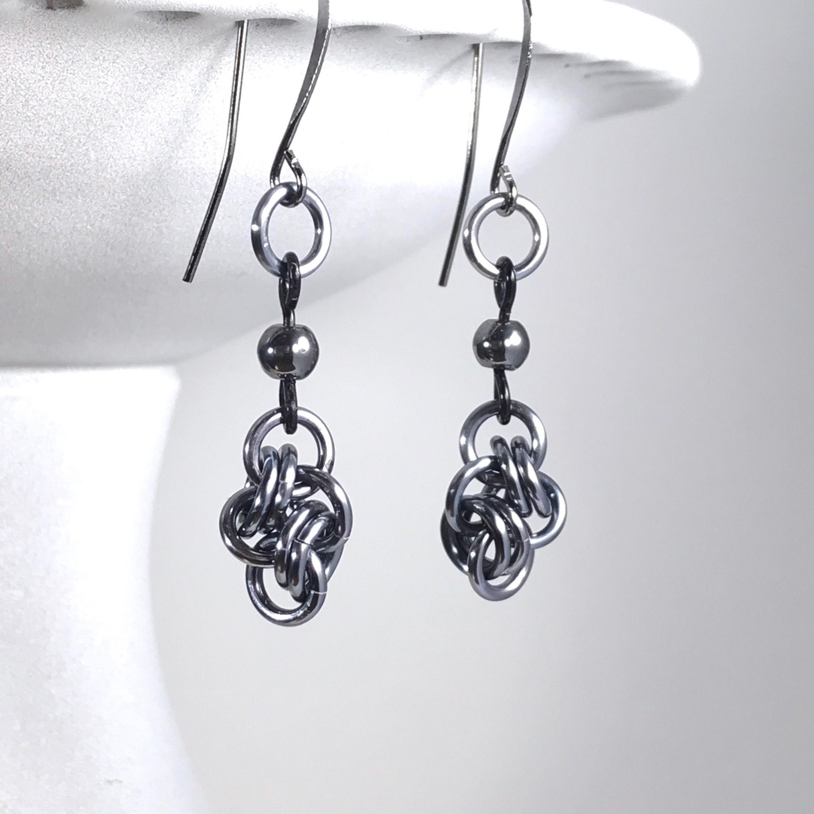 Black Dangle Earrings Handmade, Beaded Drop Gunmetal Earrings, Boho ...
