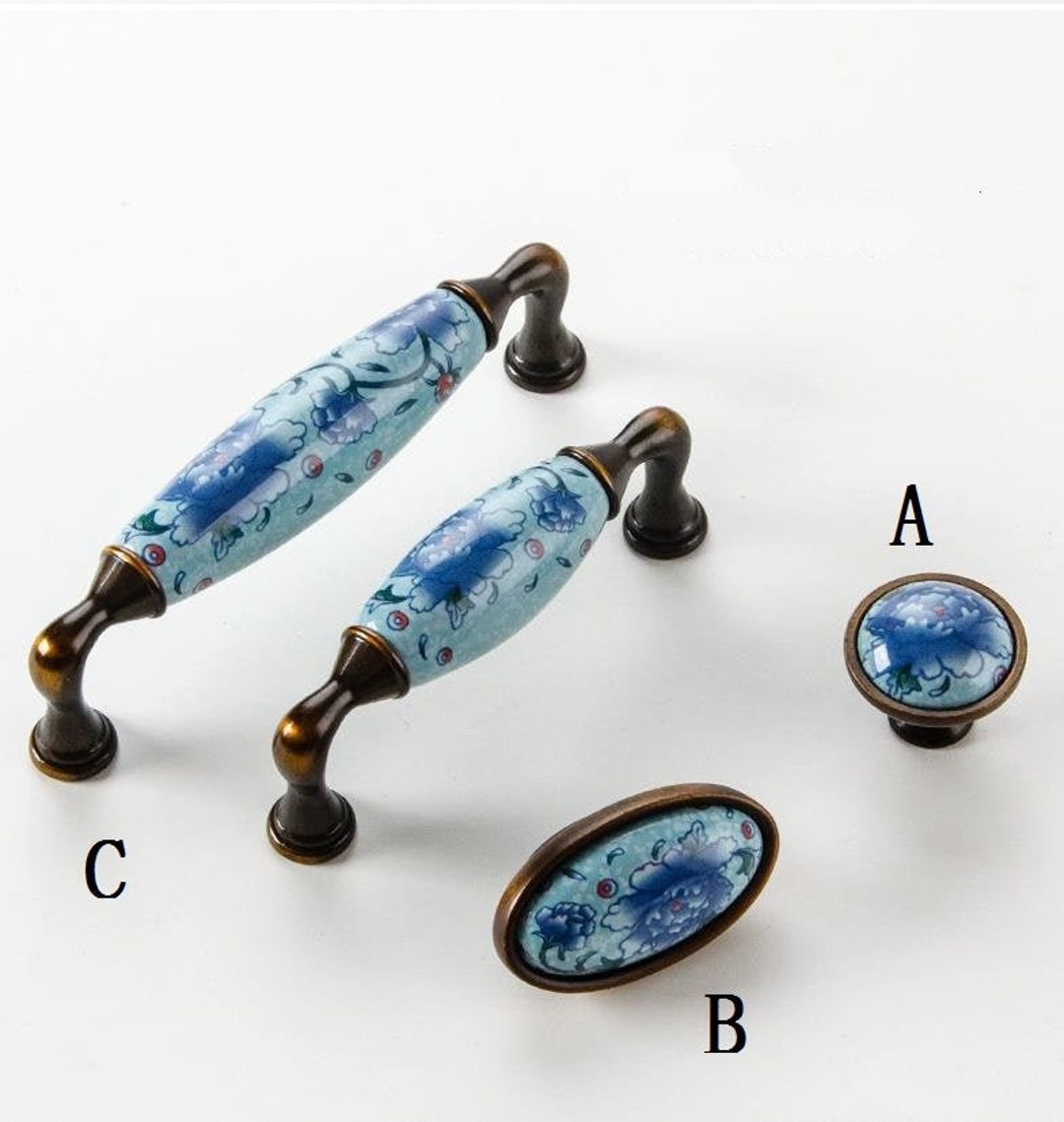 Blue Ceramic Cabinet Knobs Pulls Drawer Knobs Handle Retro Cabinet Pulls Wardrobe Door Knobs ...