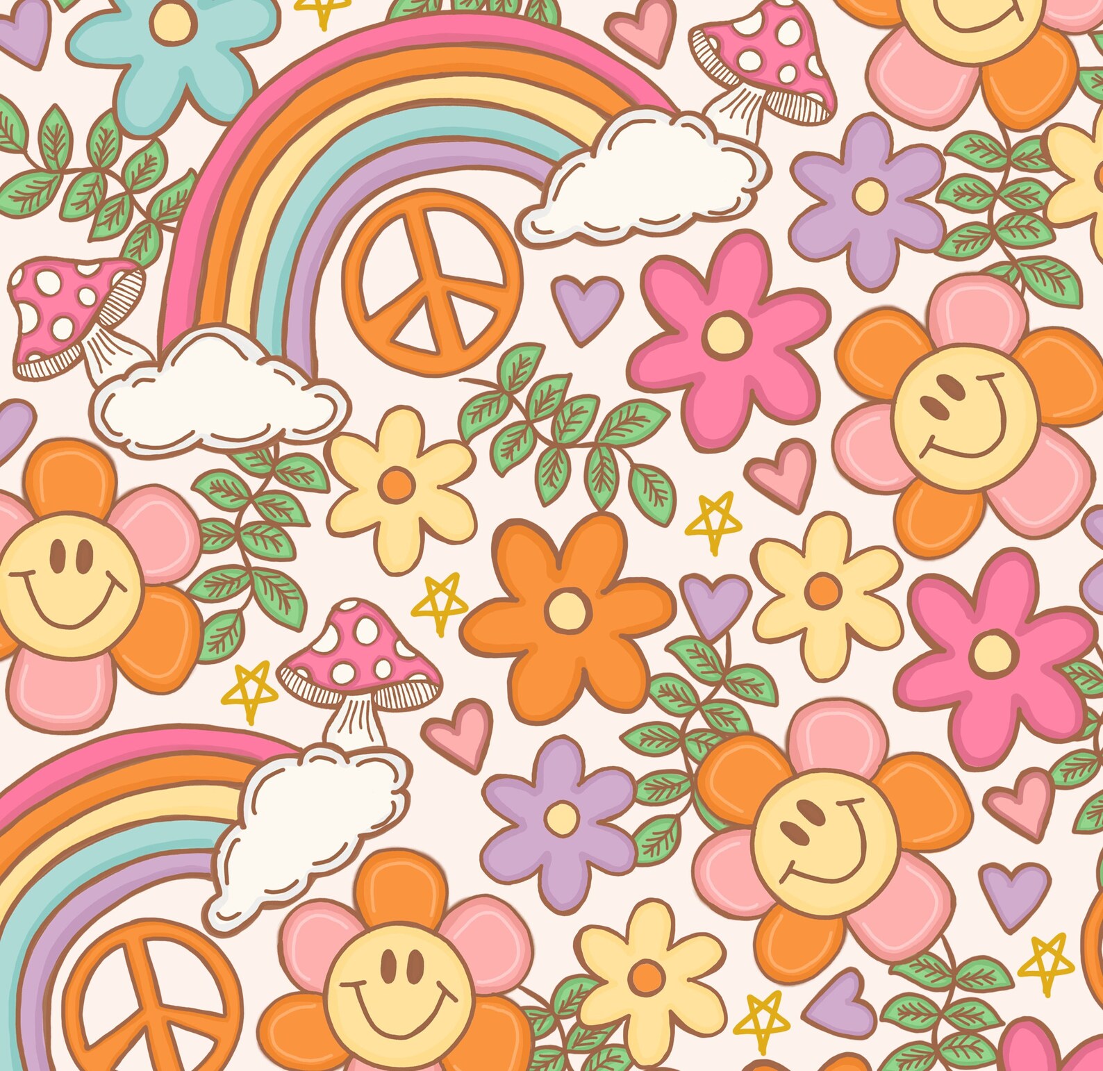 Retro Groovy Flower Rainbow Smiley Print / Vintage Bell - Etsy