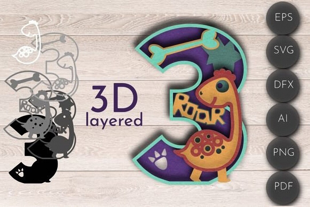 Dinosaur Number 3 Svg, Laser Cutting - Etsy