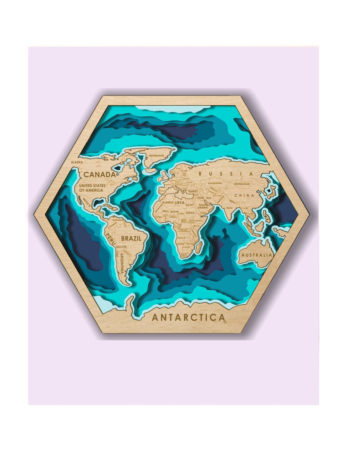 6 Layer Hexagon 3d Map Of The World Multi Layer Panel Laser Cut File
