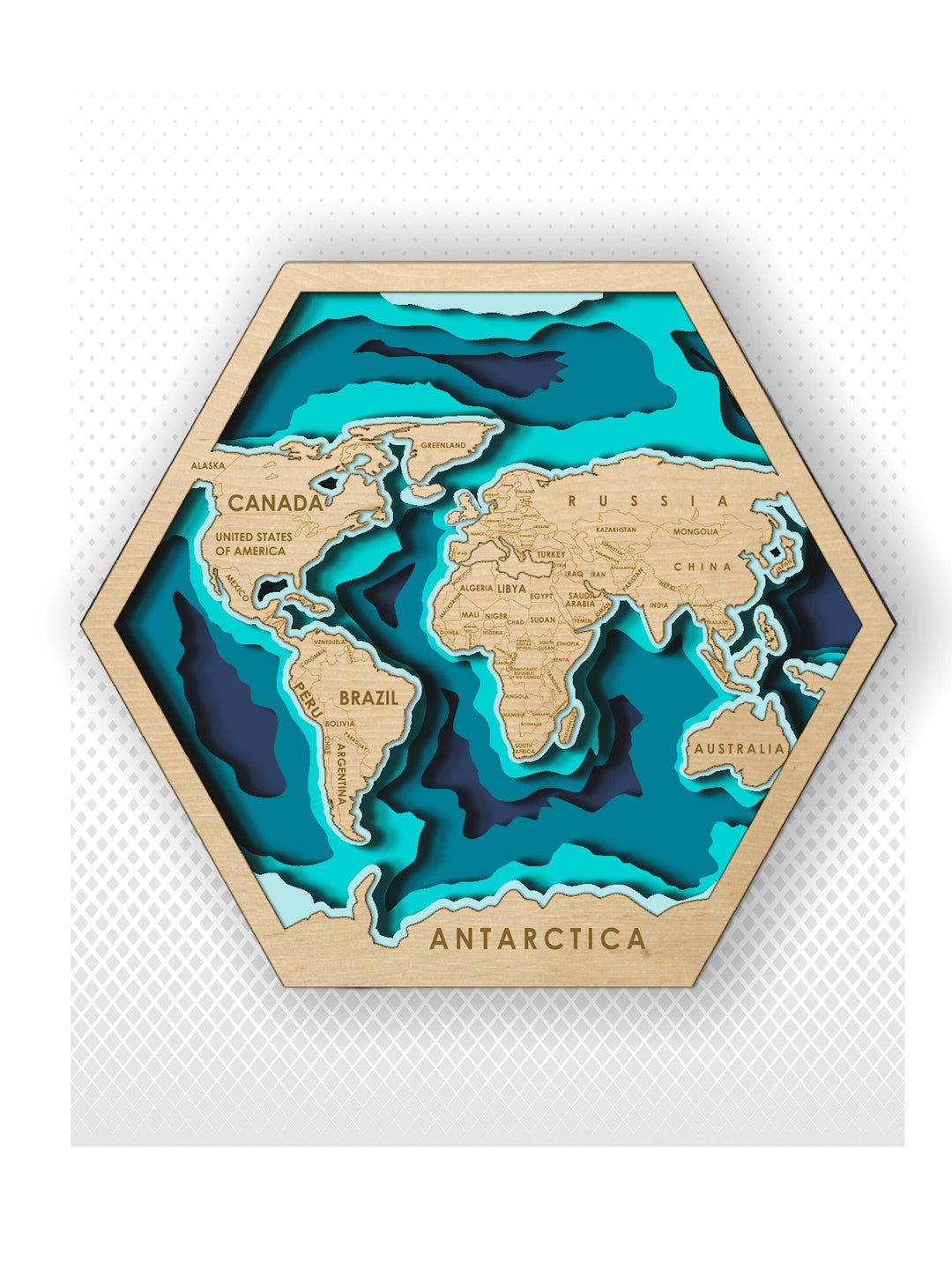 5 Layer Hexagon 3d Map Of The World Multi Layer Panellaser Cut File 3d Wood World Map 