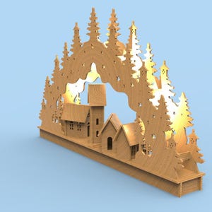 Christmas Tree Scene , Wooden Light Houses , Fir-tree With Lights ...