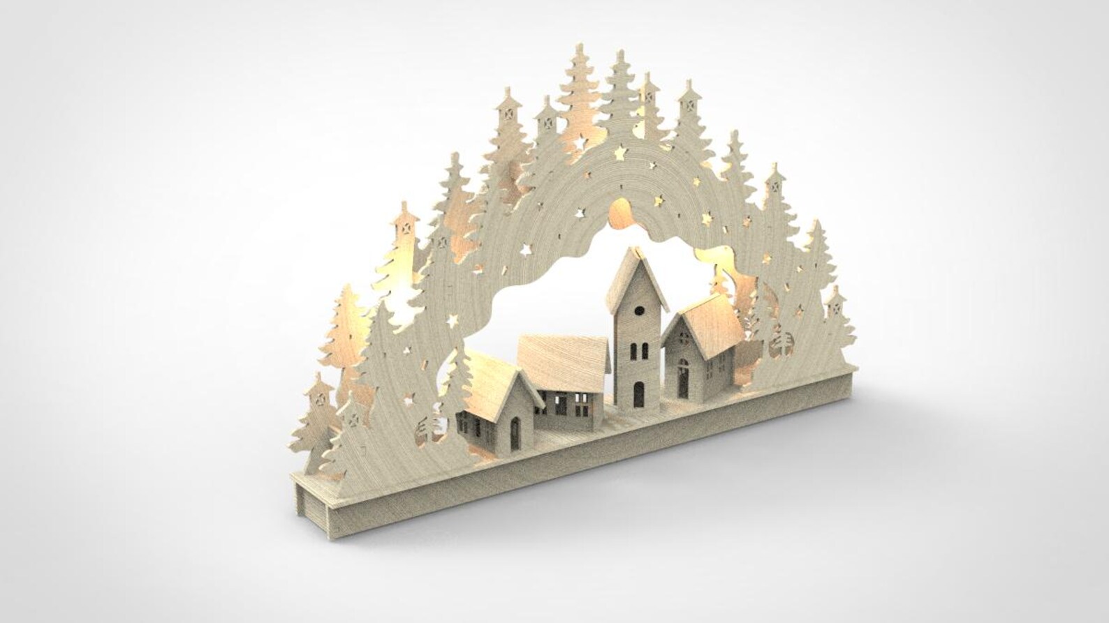 Christmas Tree Scene , Wooden Light Houses , Fir-tree With Lights ...