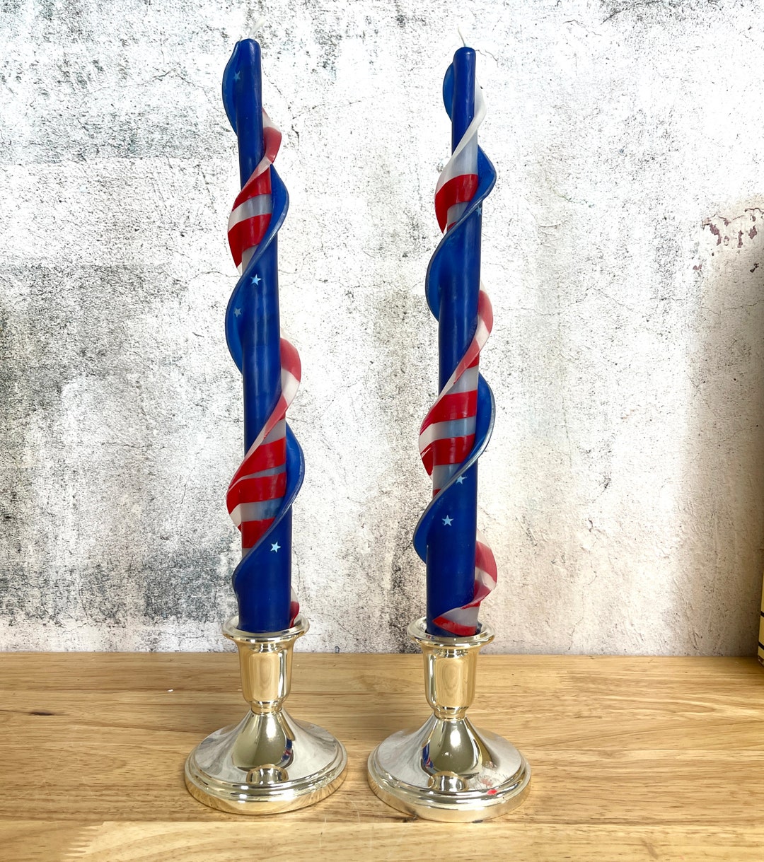 Handmade Red. White and Blue Double Flare Taper 100% Beeswax 12. Set of ...