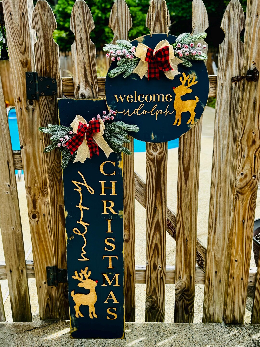 Merry Christmas Porch Leaner | Welcome Rudolph Door Hanger | Rustic ...