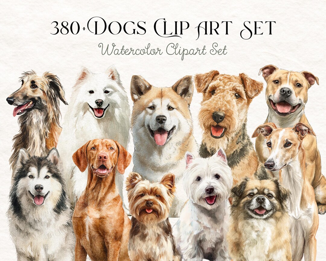 380+ Dogs Clip Art Set, Multiple Breeds Illustrations, Hand Drawn Pet ...