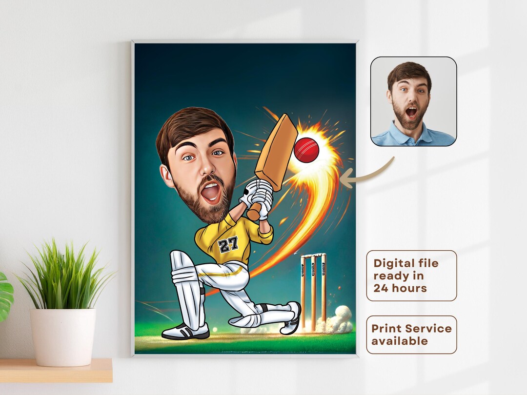 Custom Cricket Player Cartoon Portrait, Cricket Caricature, Gift for ...