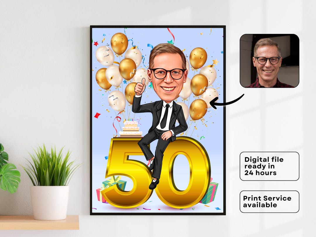Personalized 50th Birthday Caricature From Photo, Happy Birthday ...