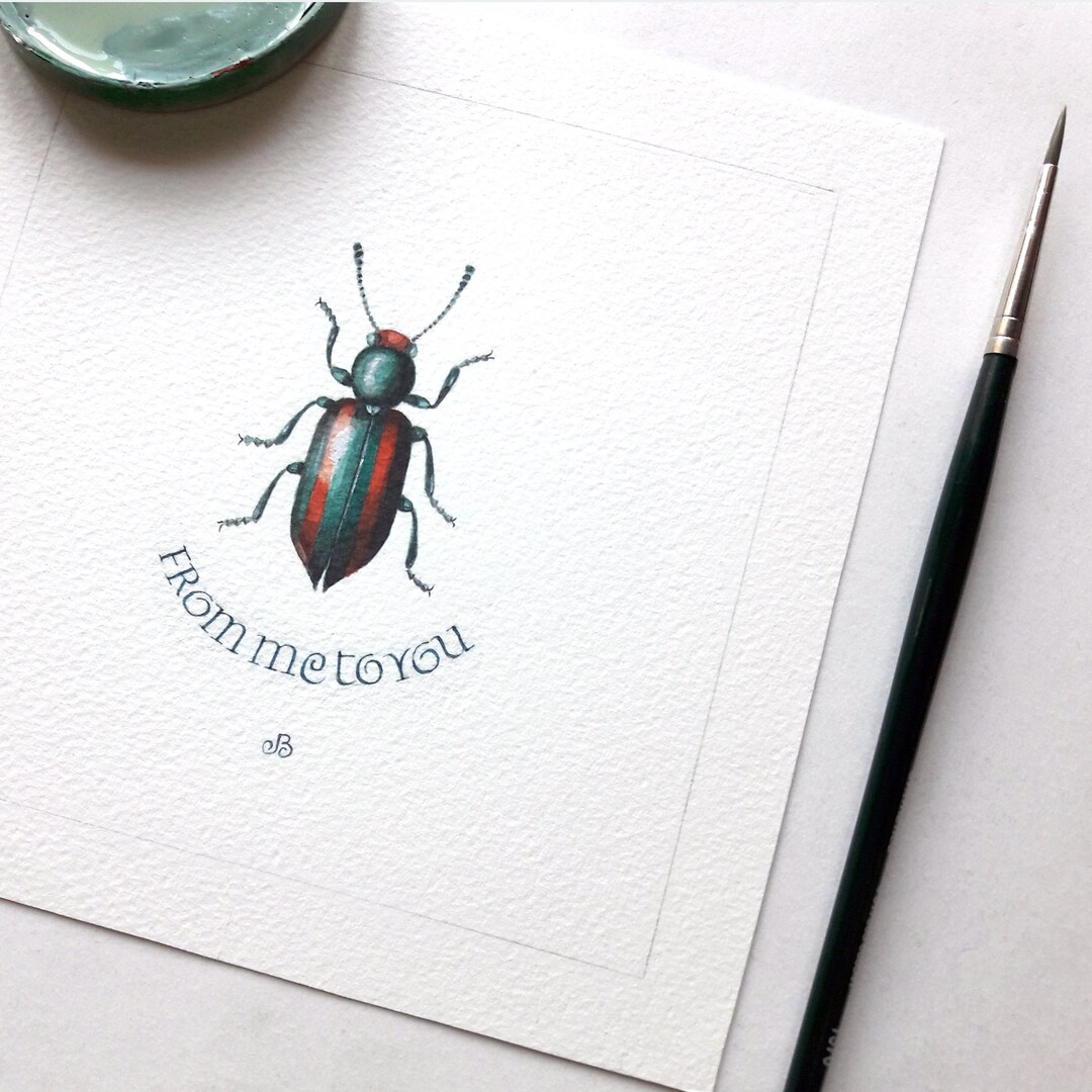 Beetle Print, Painted Beetle, Calligraphy, Green Beetle, Watercolor ...