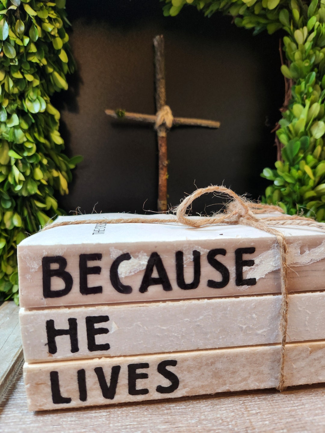 Because He Lives Christian Decor reclaimed Neutral Book Set Tied ...