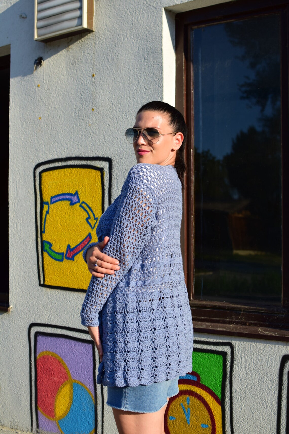Crochet Blue Long Sleeves Cardigan/light Blue Women Sweater/open Front ...