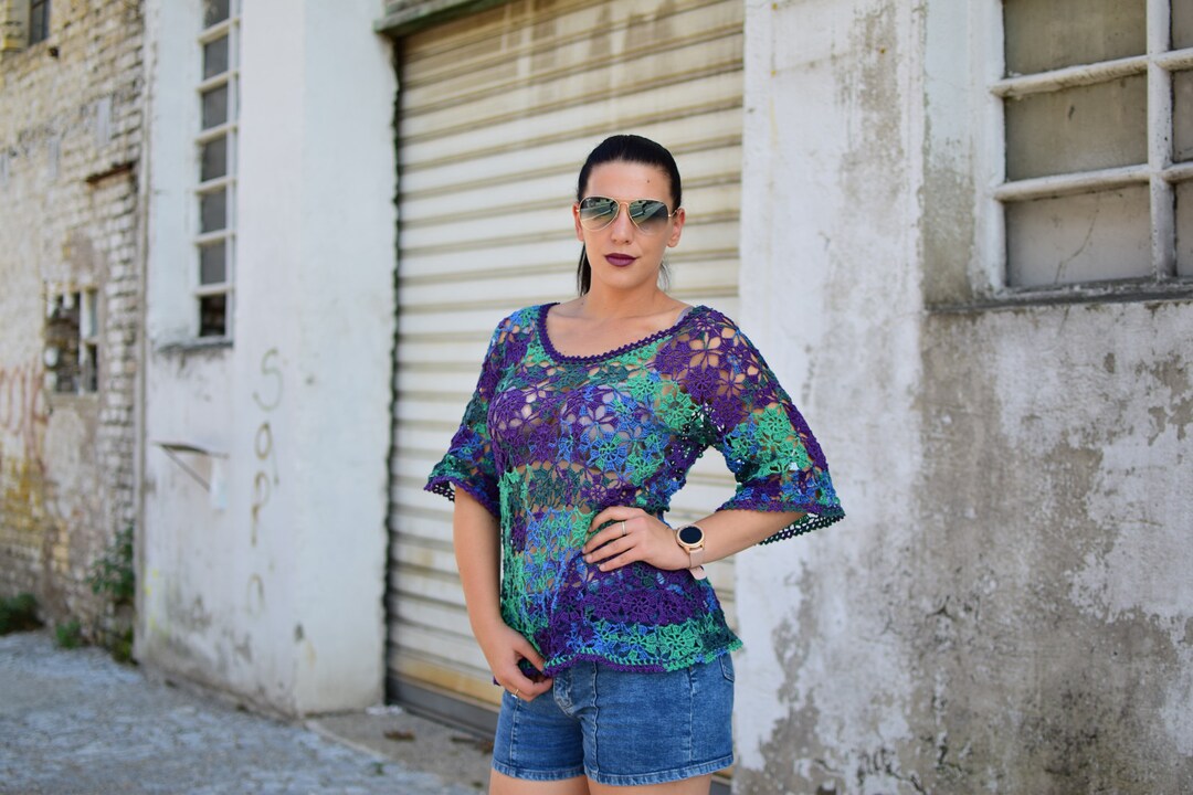 Green Purple Crochet Tunic/flowers Tunic/women Top/hand Crochet Elegant ...