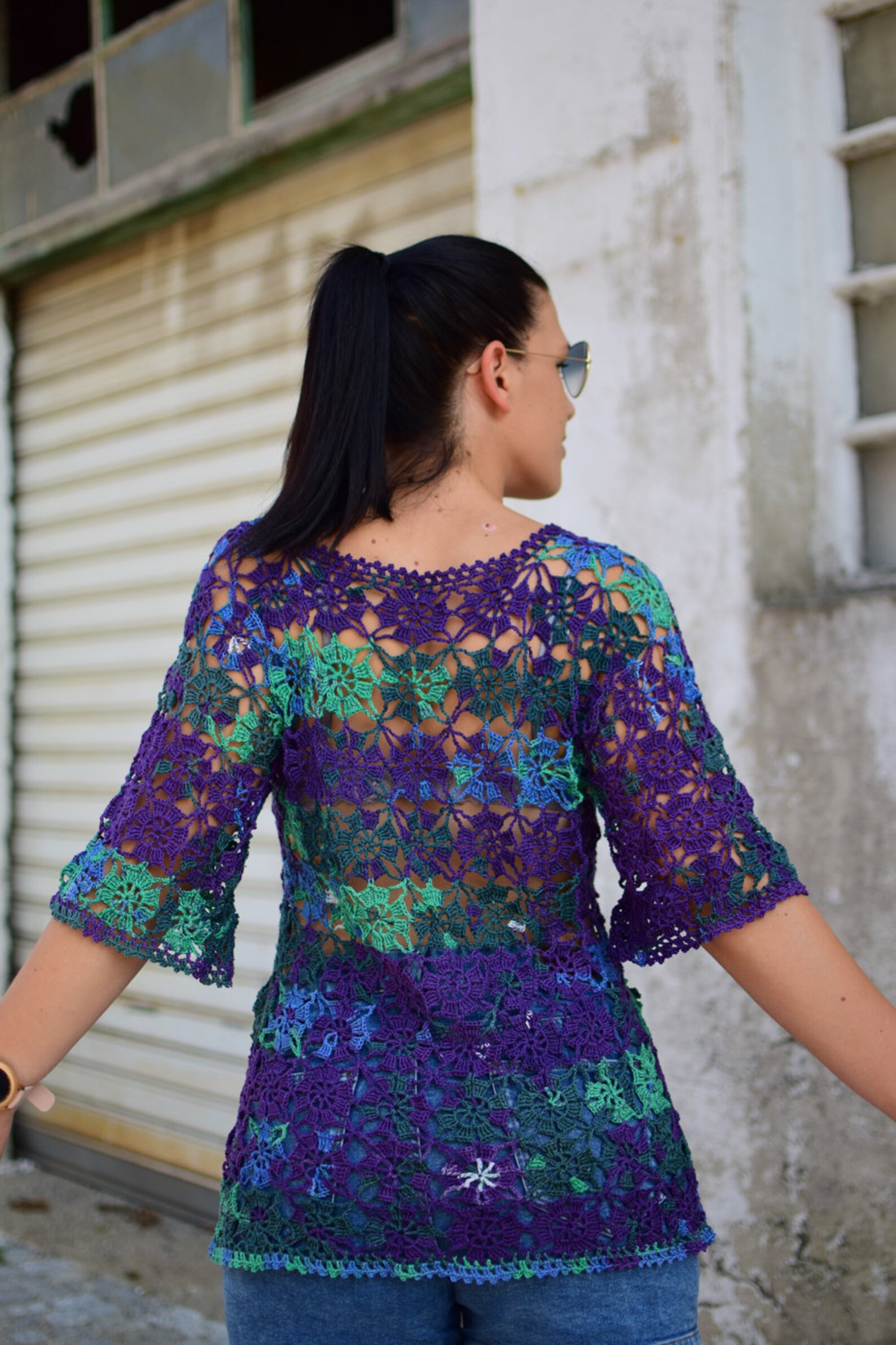 Green Purple Crochet Tunic/flowers Tunic/women Top/hand Crochet Elegant ...