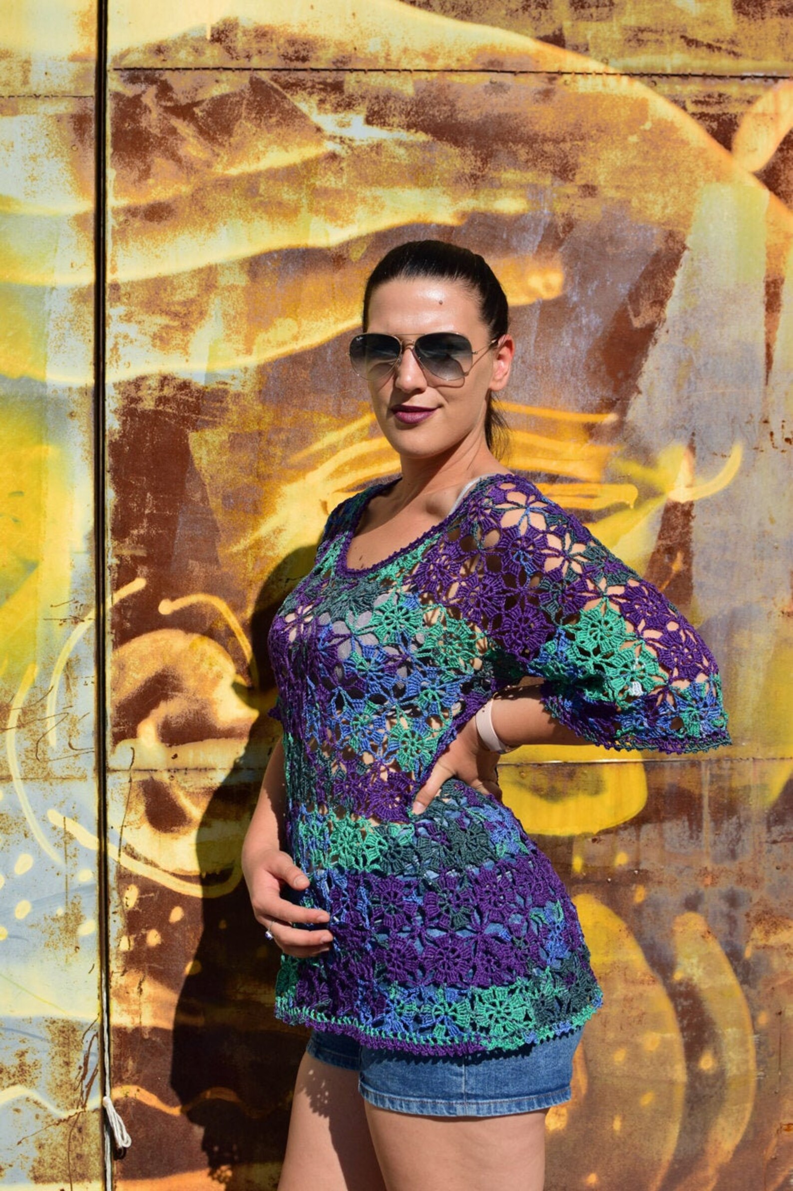 Green Purple Crochet Tunic/flowers Tunic/women Top/hand Crochet Elegant ...