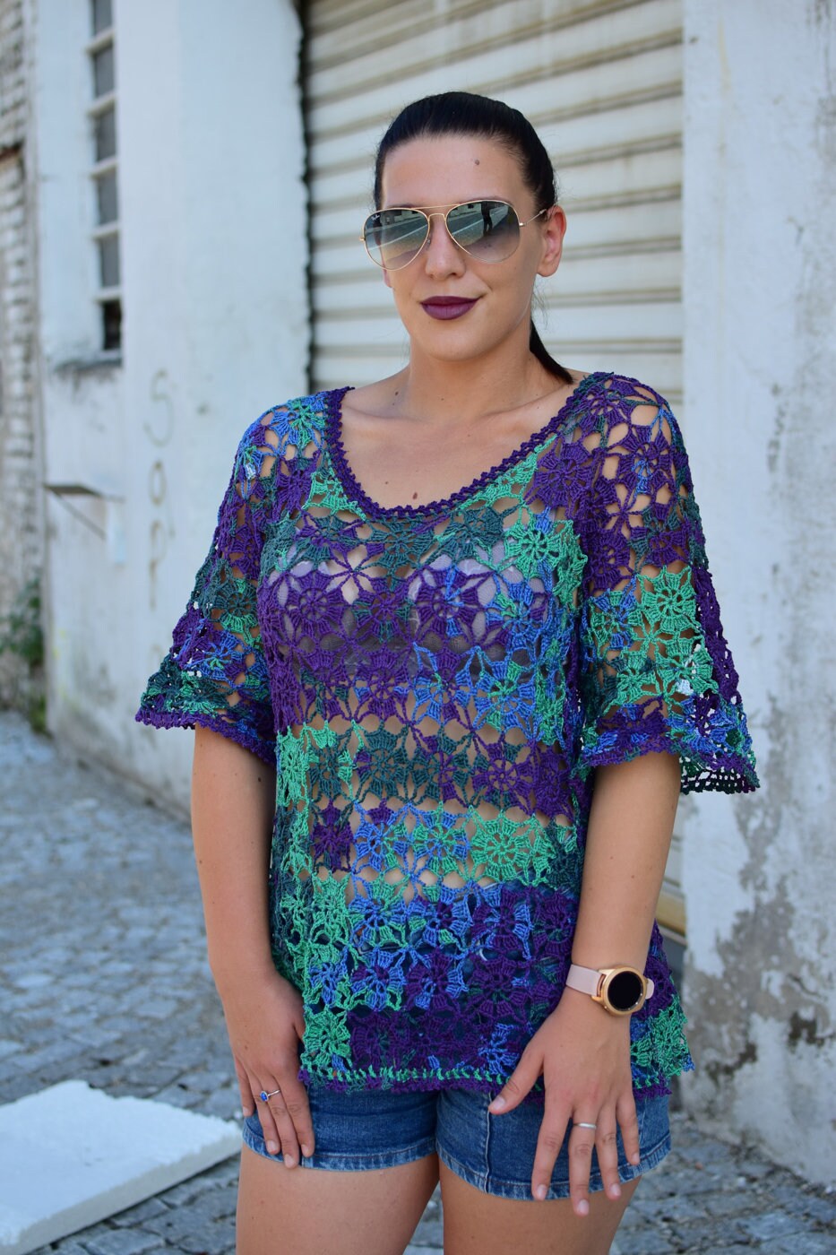 Green Purple Crochet Tunic/flowers Tunic/women Top/hand Crochet Elegant ...