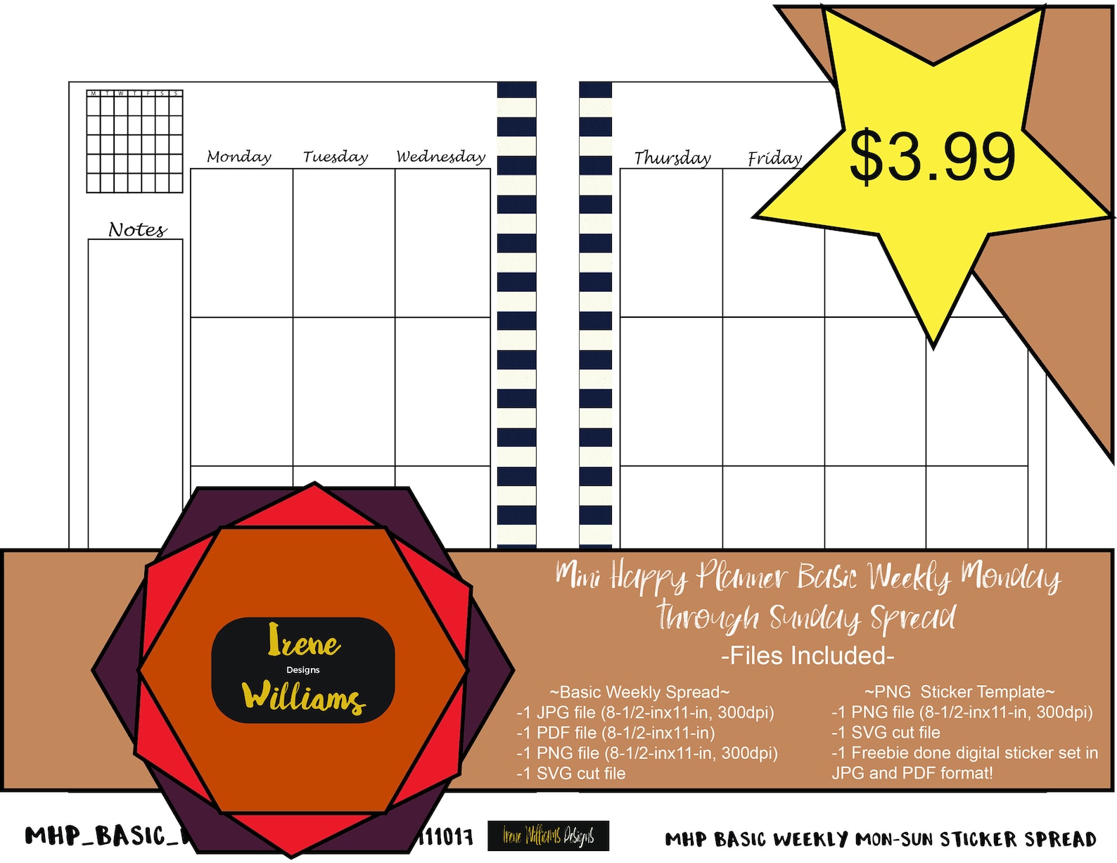 Mini Happy Planner Vertical Spread and PNG Planner Sticker Template for ...