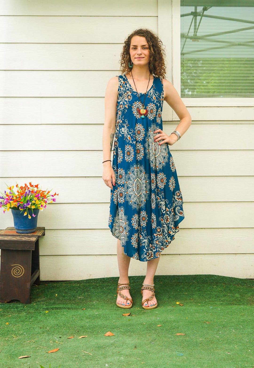 Turquoise Mandala Paisley Boho Dress, Beach Sundress, Summer Midi Dress ...