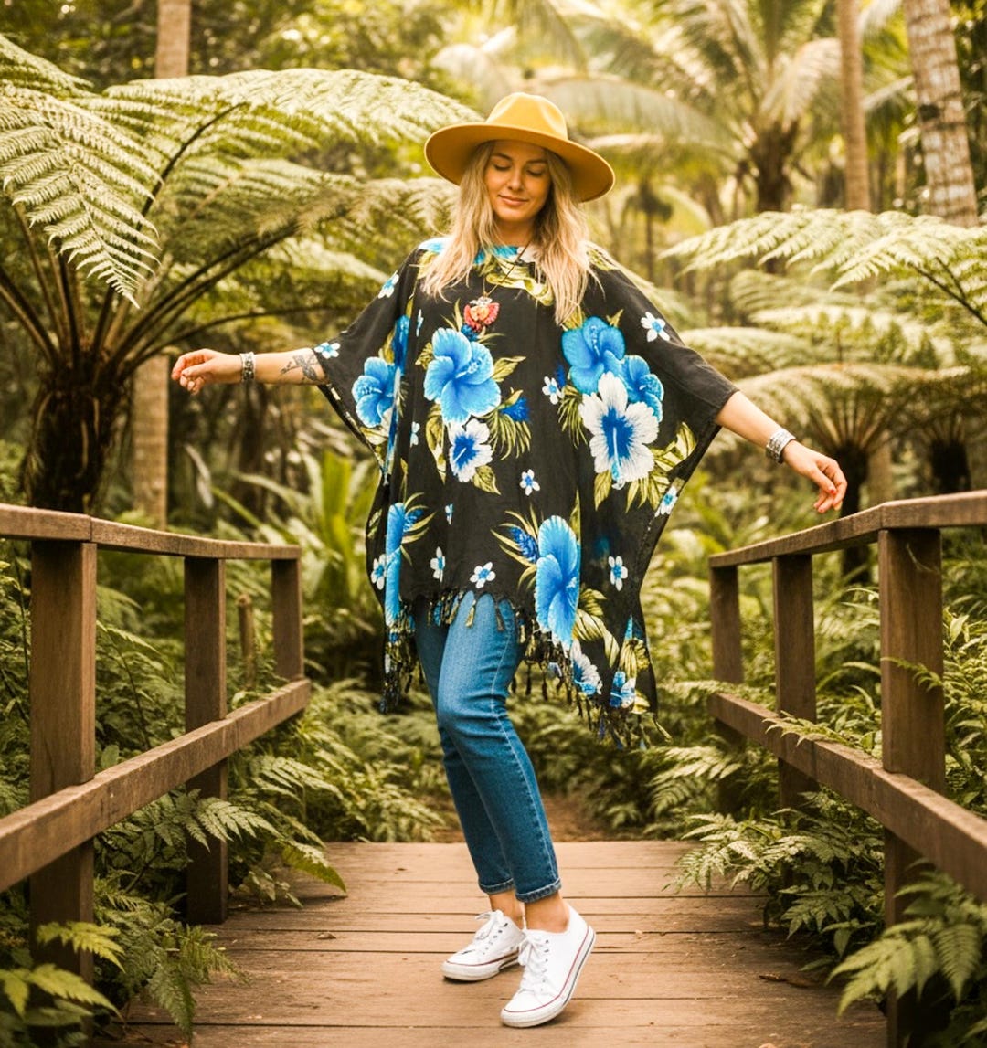 Hibiscus Tropical Kaftan Blouse , Oversize Boho Tunic Top, Beachwear ...