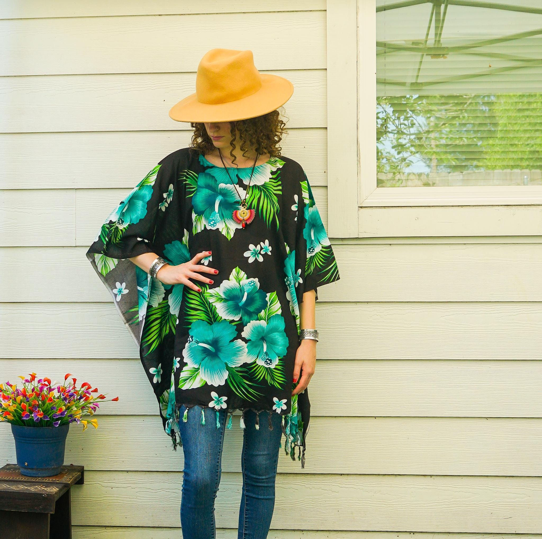 Hibiscus Tropical Kaftan Blouse , Oversize Boho Tunic Top, Beachwear ...