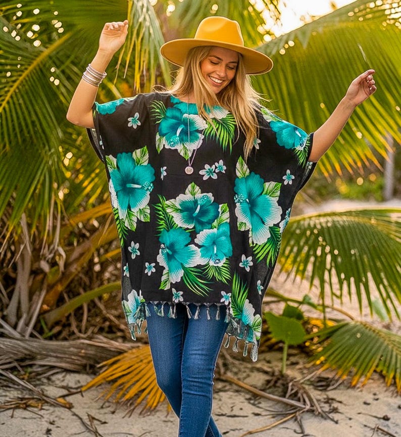 Hibiscus Tropical Kaftan Blouse , Oversize Boho Tunic Top, Beachwear ...