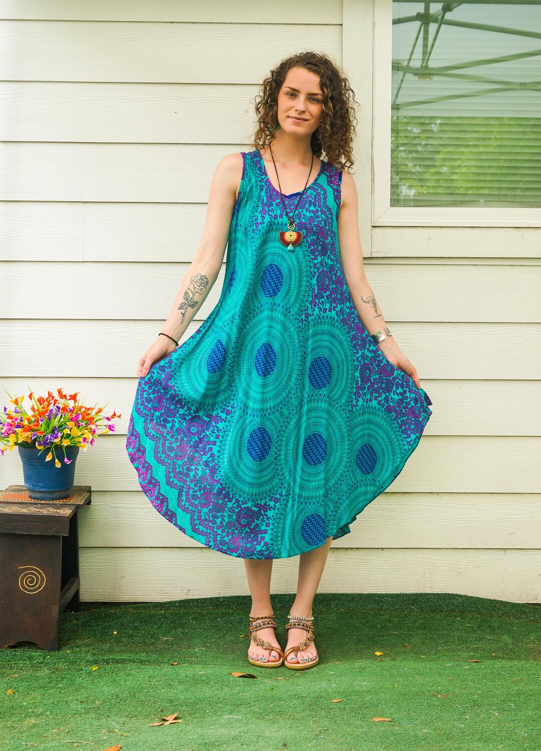 Turquoise Spirit Mandala Boho Dress, Beach Sundress, Summer Midi Dress ...