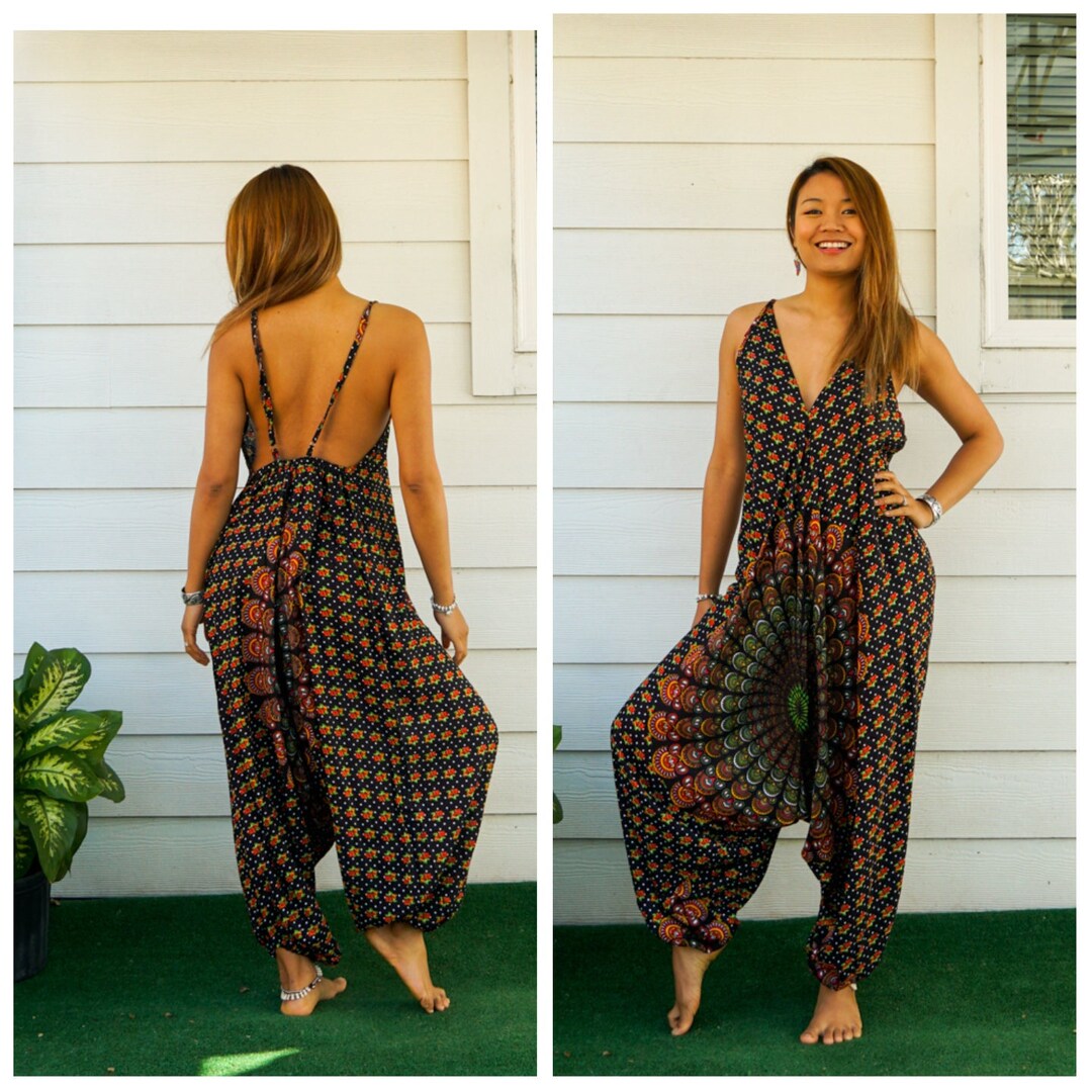 Black Mandala Jumpsuit Rompers Harem Pants, Hippie Boho Summer Jumpsuit ...