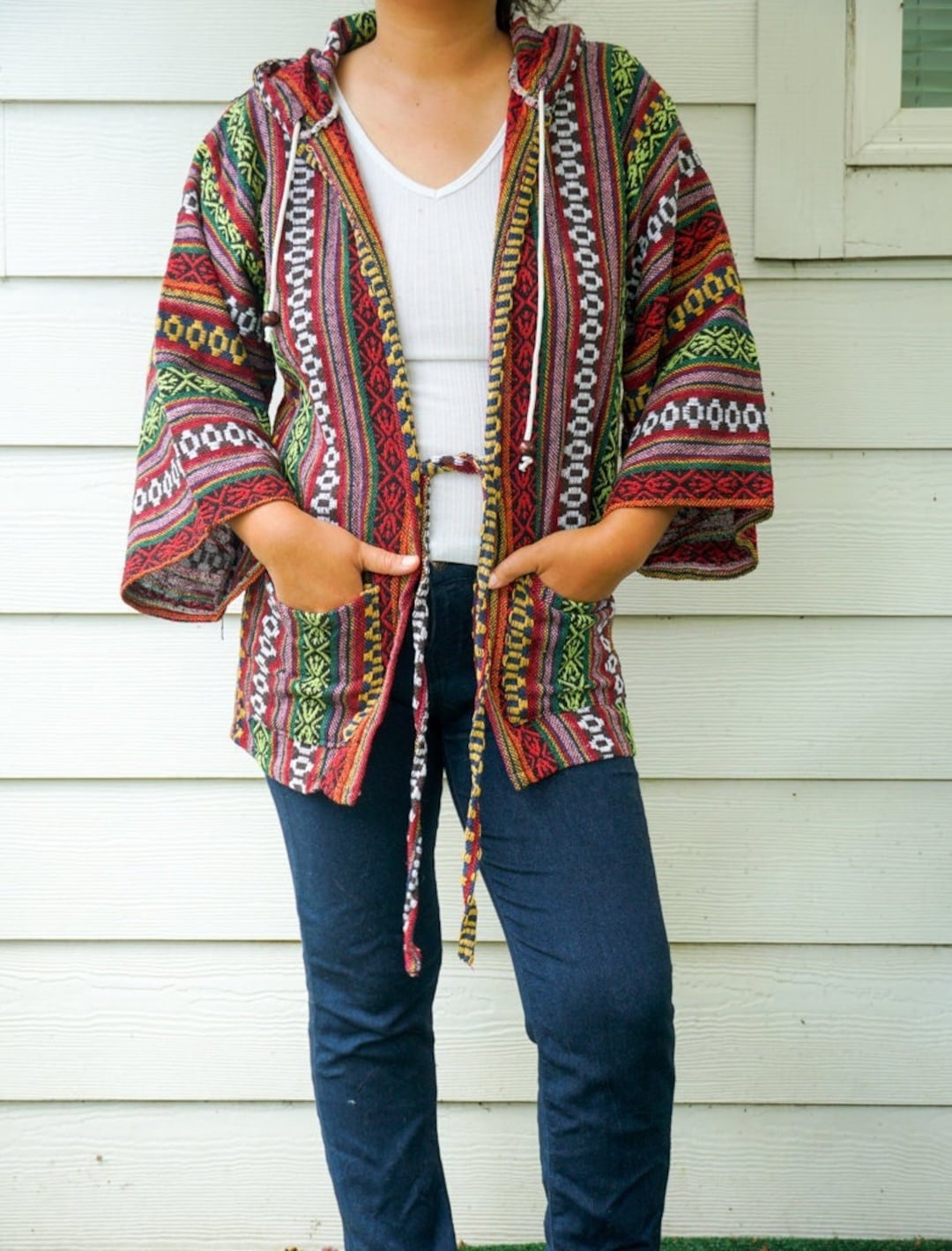 Unisex Hand Woven Cotton Hippie Cardigan With Hood and Pockets, Boho ...