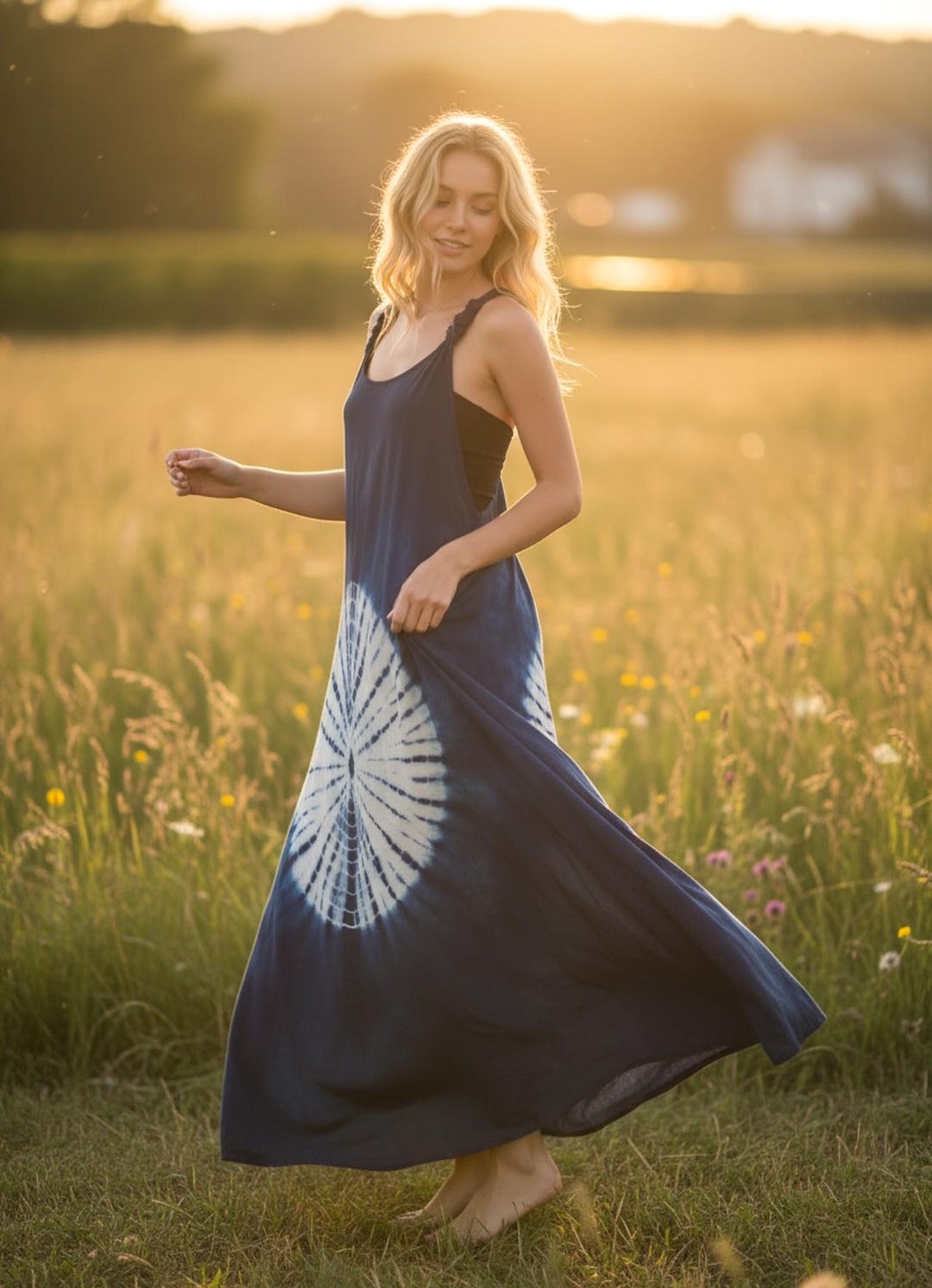 Midnight Sun Hand Dyed Dungarees Dress, Racerback Knot Dress, Summer ...