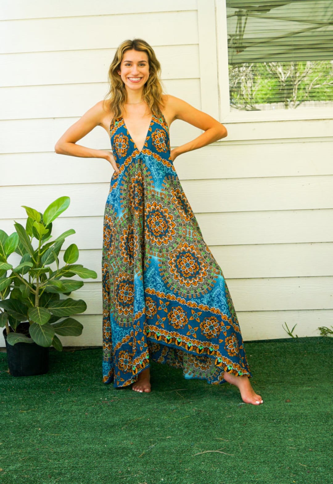 Turquoise Floral Mandala Boho Maxi Dress, Beach Sundress, Summer Dress ...