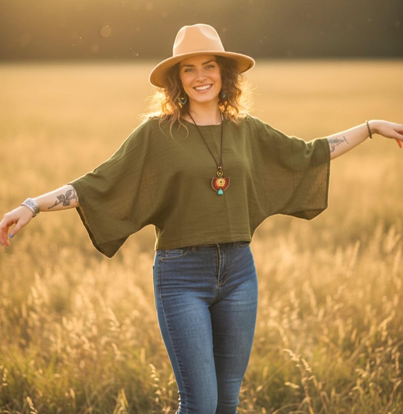Raw Natural Cotton Gauzed Crop Top, Summer Kimono Blouse, Loose Fit ...