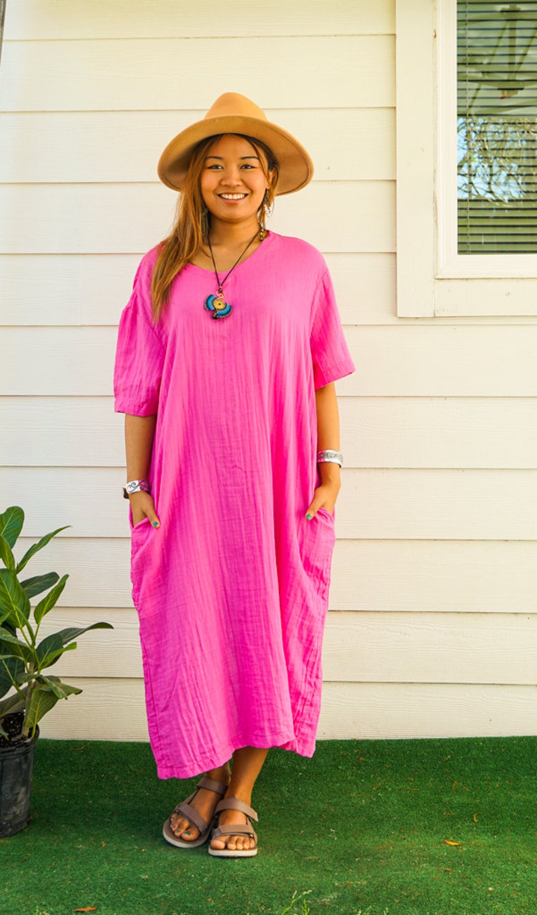 Fuchsia Double Gauzed Boho Minimalist Cotton Dress With Pockets / Boho ...