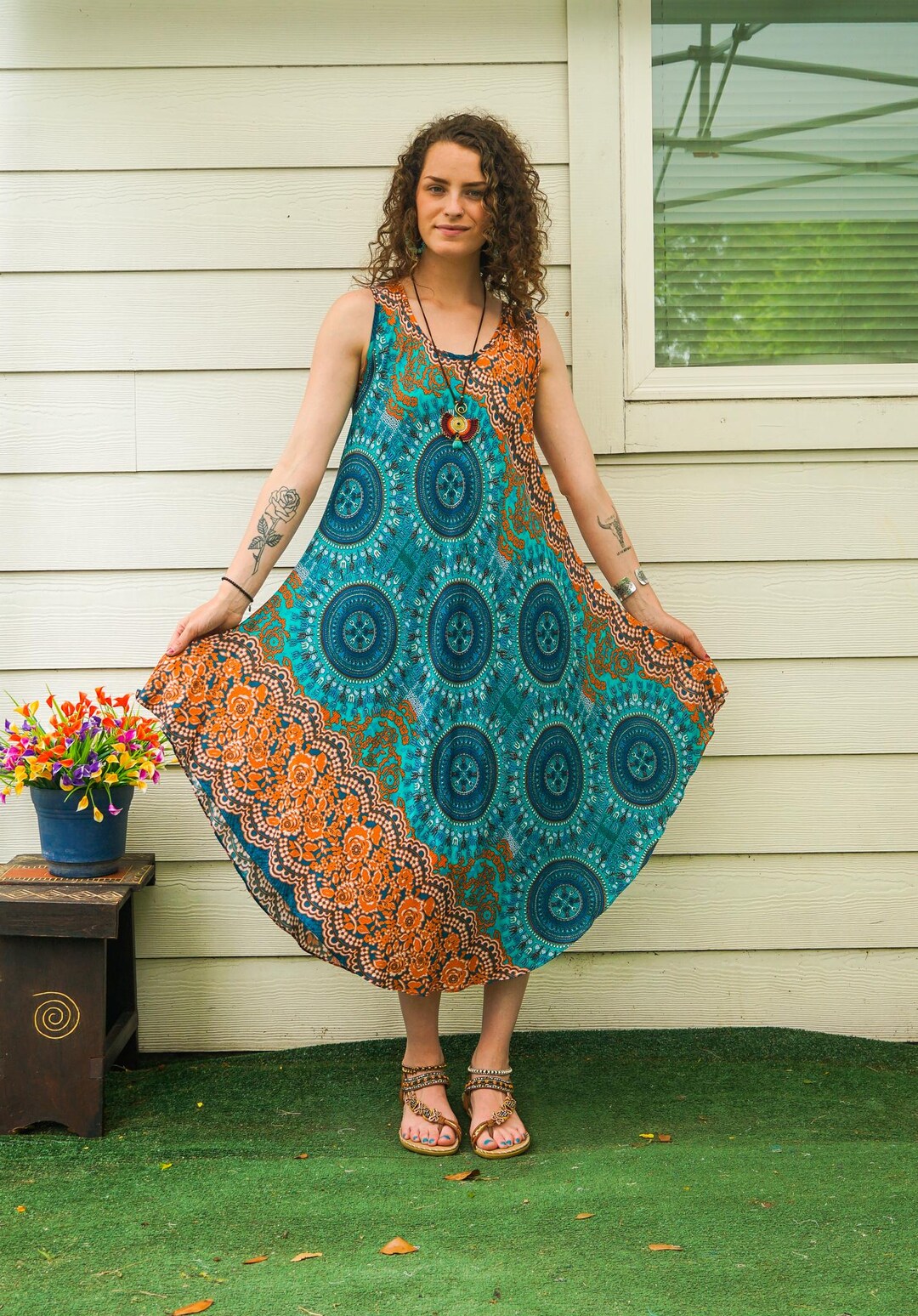 Sunburst Mandala Breeze Boho Dress, Beach Sundress, Summer Midi Dress ...