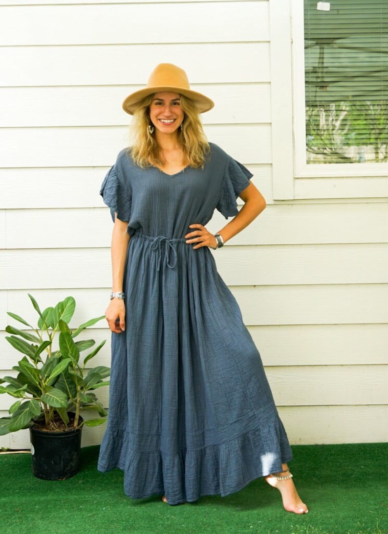 Dusty Navy Triple Gauzed Boho Maxi Cotton Dress / Boho Clothing ...