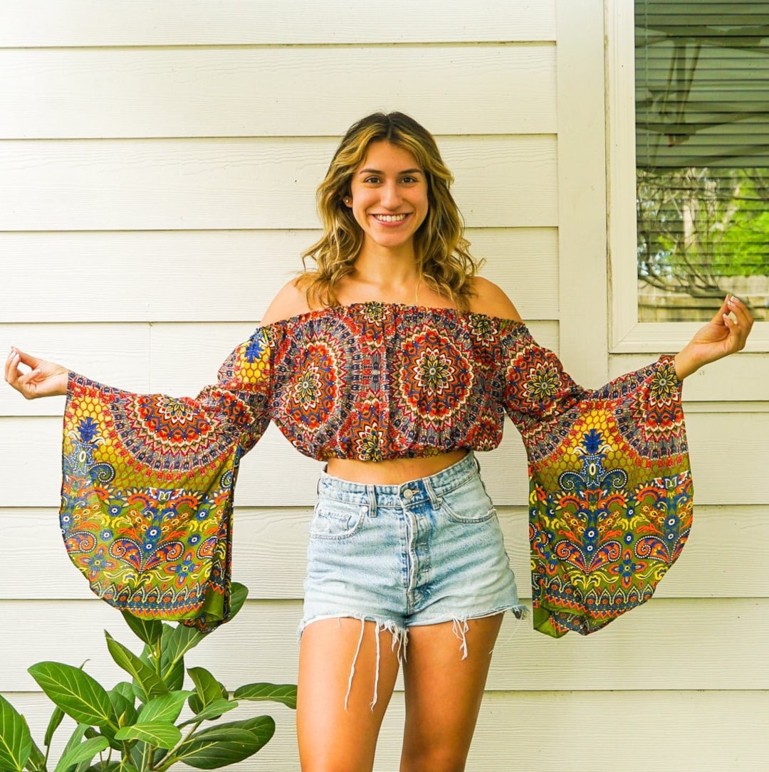 Green Mandala Boho Crop Top, Hippie Crop Top, Bohemian Blouse Crop Top ...