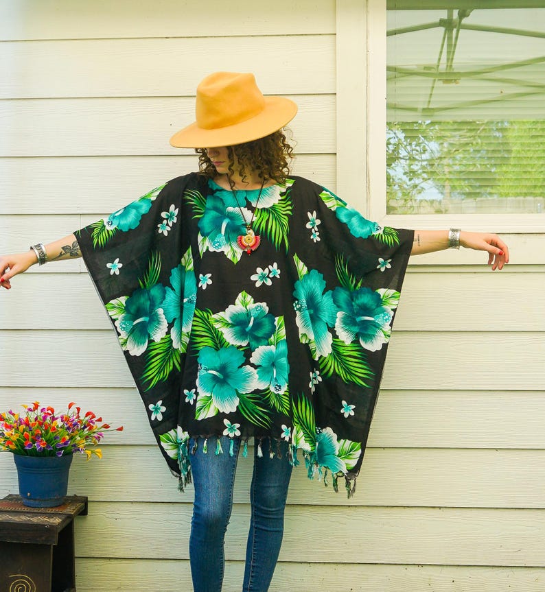 Hibiscus Tropical Kaftan Blouse , Oversize Boho Tunic Top, Beachwear ...