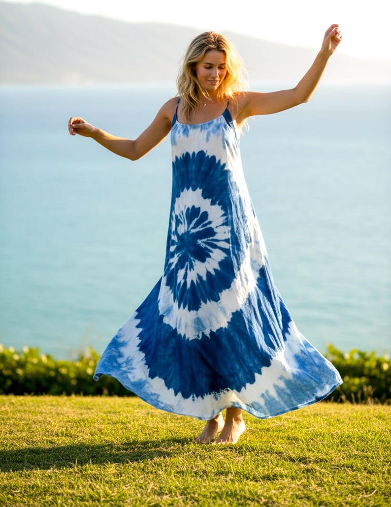 Ocean Whirl | Boho Tiered Maxi Dress, Hand Dyed Dress, Beach Sundress ...