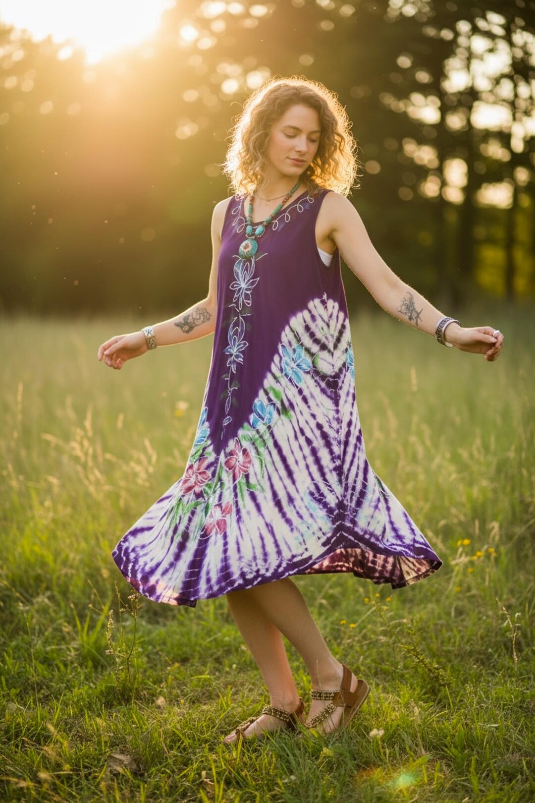 Hand Painted Island Orchid Floral Tie Dye Boho Sundress, Loose Fit Midi ...