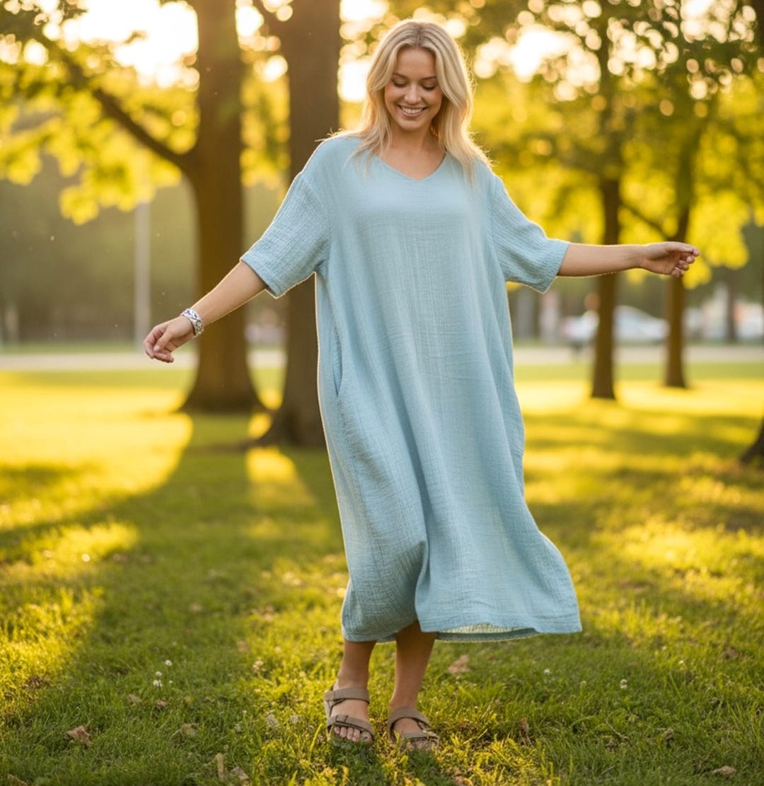 Blue Double Gauzed Cotton Dress With Pockets / Boho Maxi Dress ...