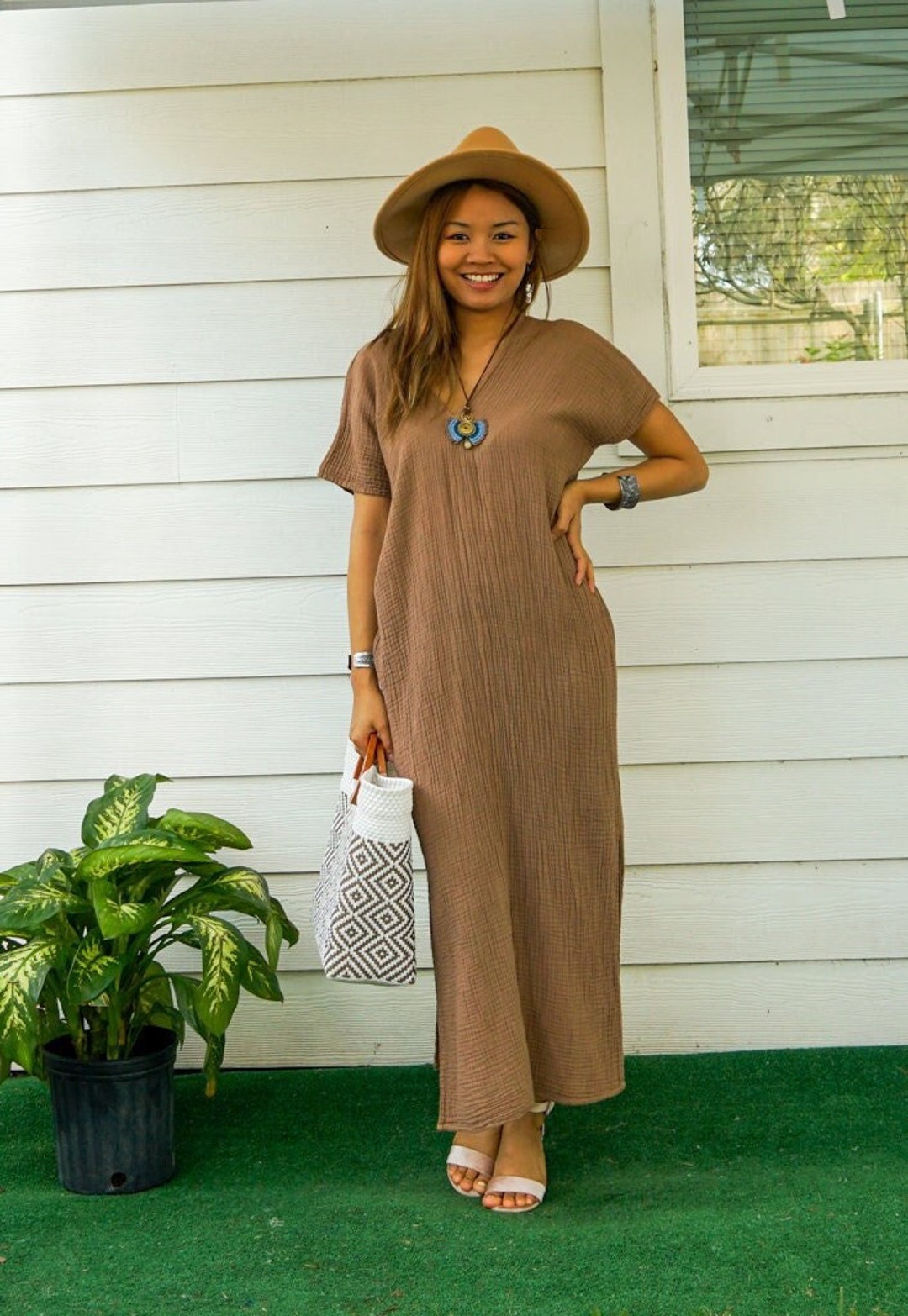 Warm Taupe Triple Gauzed Boho Minimalist Cotton Kaftan Dress With ...