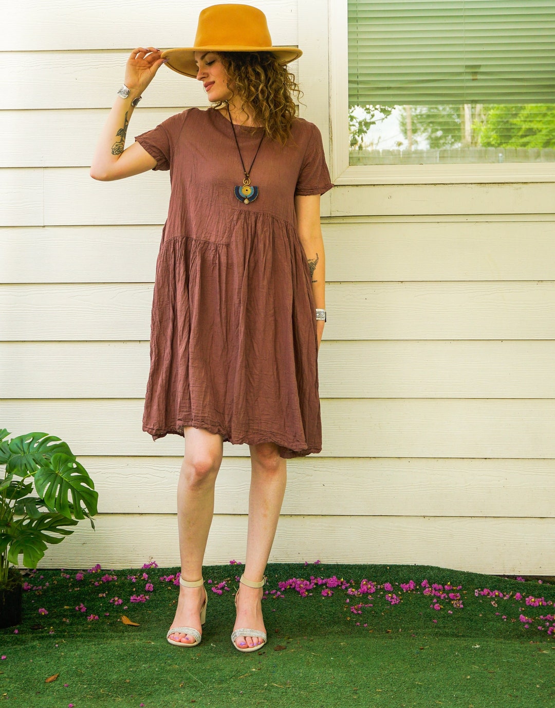 Muted Pink Raw Natural Crinkled Cotton Midi Dress With Pockets, Boho ...