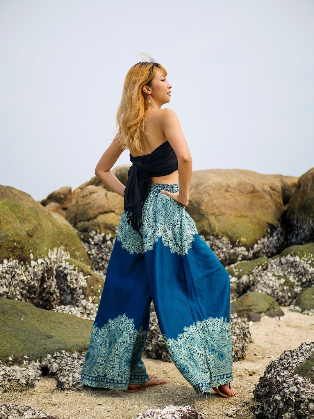 Teal Mandala Wide Leg Palazzo Pants, Elastic Waist Pants, Boho Pants ...