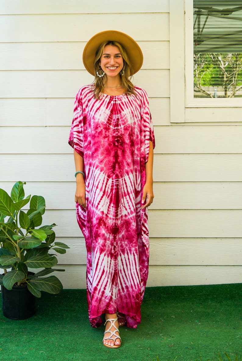 Crimson Cascade | Hand Dyed Kaftan Dress, Loose Fit Tie Dye Poncho ...