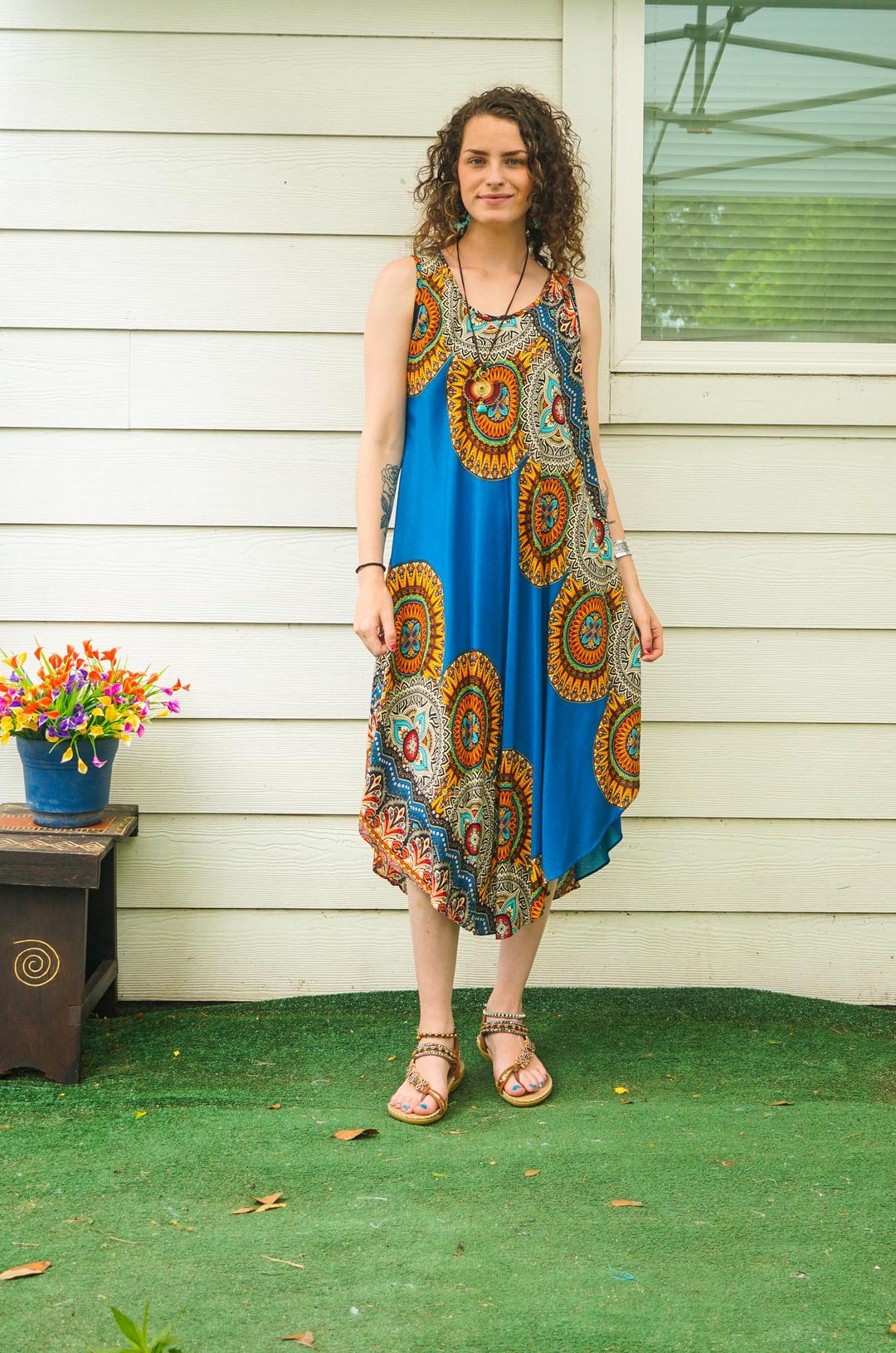 Royal Sunburst Mandala Boho Dress, Beach Sundress, Summer Midi Dress ...