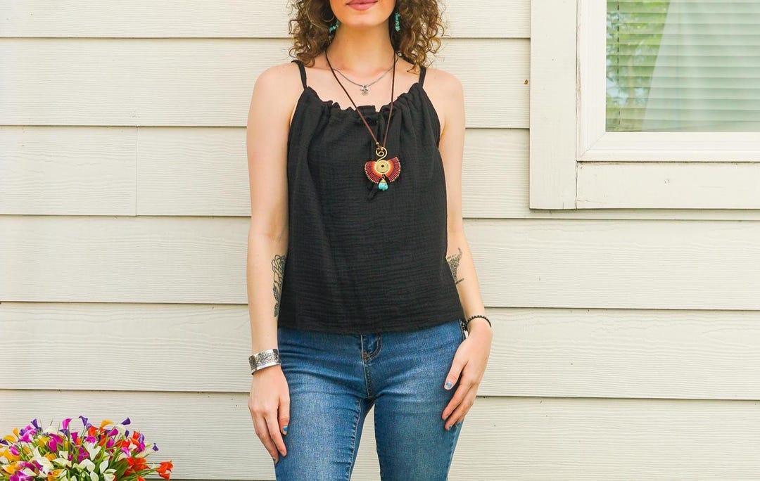 Black Double Gauzed Crinkled Cotton Boho Cami Top | Cotton Shoulder Tie ...