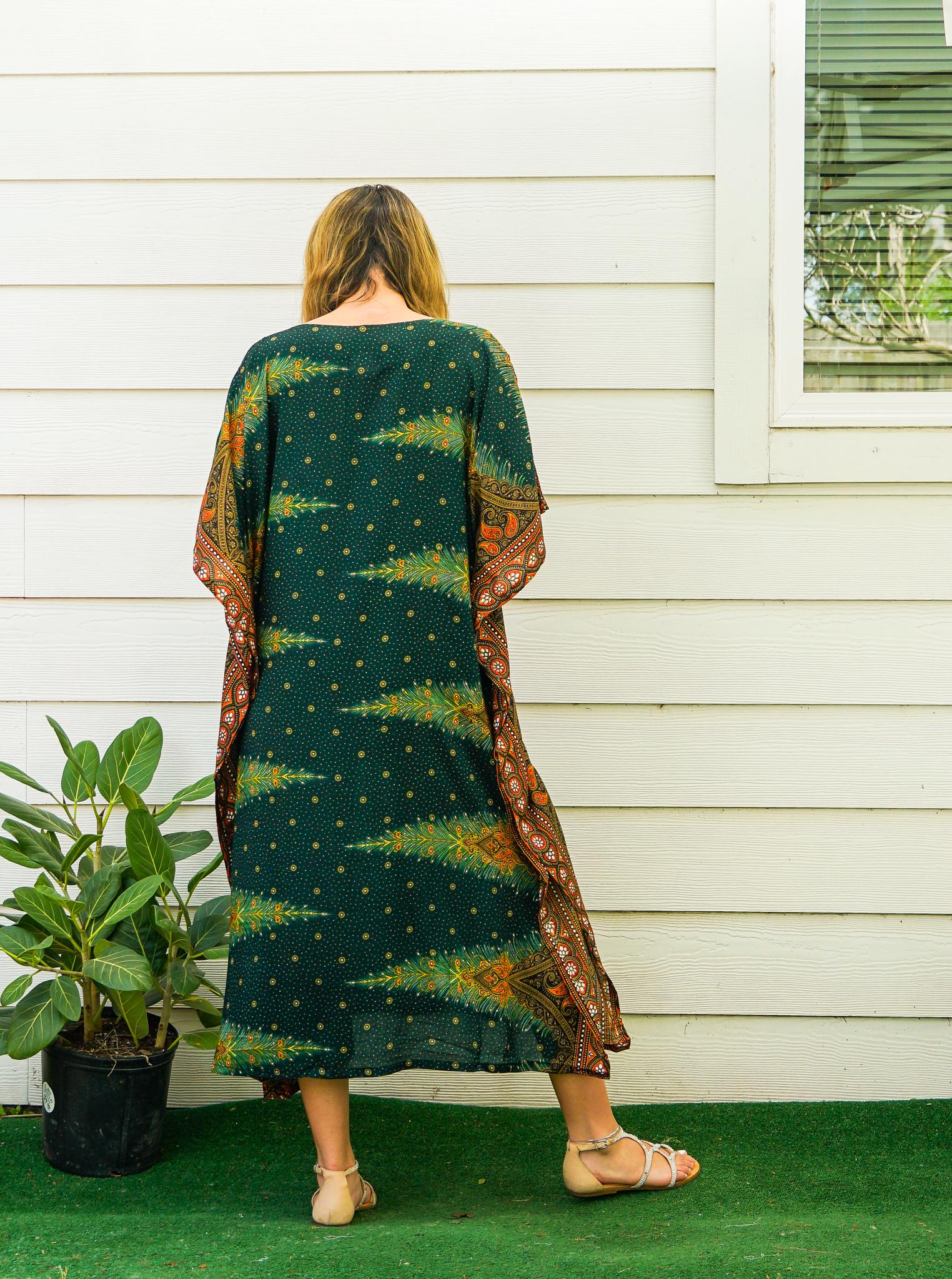 Forest Green Peacock Feather Kimono Kaftan Dress, Loose Fit Boho Dress ...