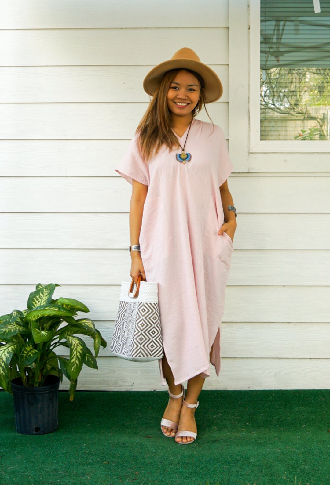 Pink Double Gauzed Cotton Dress With Pockets / Boho Dress / Cotton ...