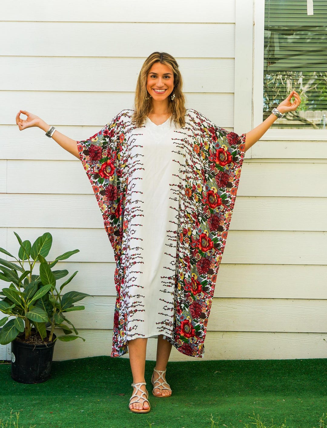 White Floral Blossom Kimono Kaftan Dress, Loose Fit Boho Dress ...